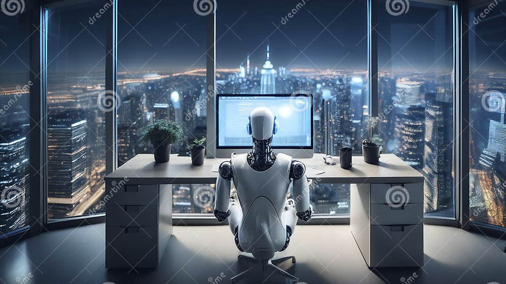 Generated Image Robot Working at Desk in Office Stock Illustration ...