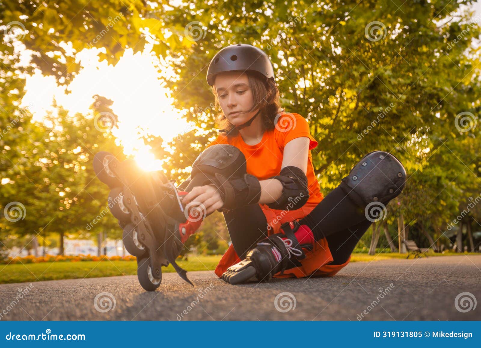 Roller Skating Girl Kid in Park Rollerblading on Inline Skates. Stock ...
