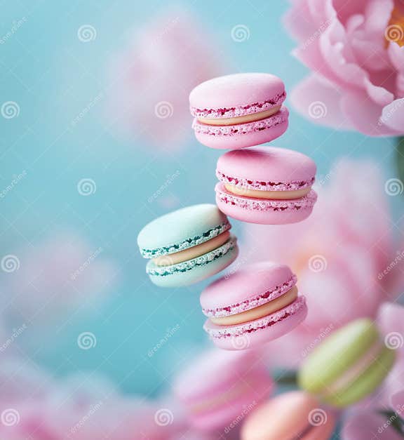 Stack Brightly Colored Macarons Rising, Floating Air, Tiny Bubbles ...