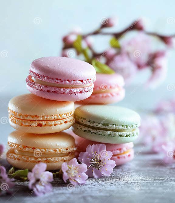 Stack Brightly Colored Macarons Rising, Floating Air, Tiny Bubbles ...