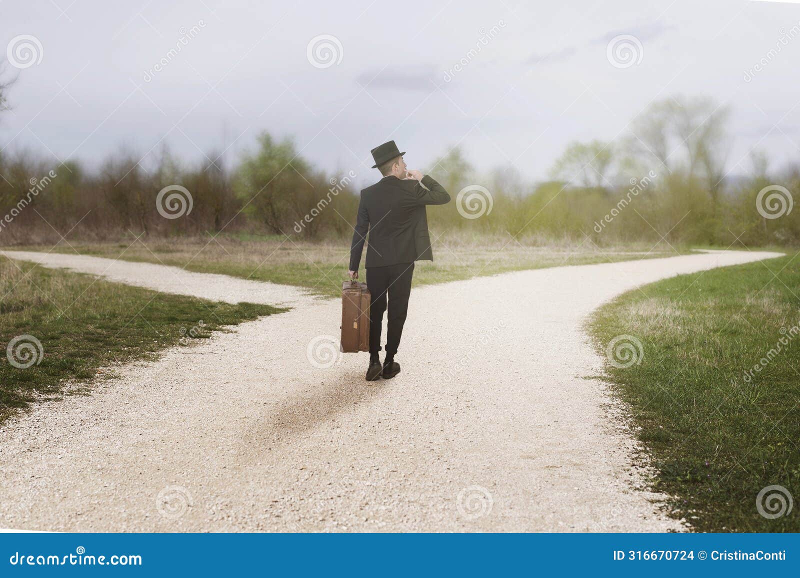 Surreal Man with Suitcase is Undecided on Which Path To Choose To ...