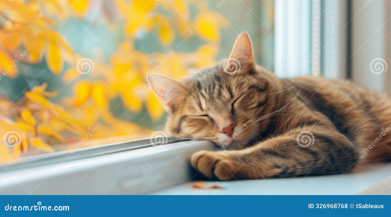 Tabby Cat Napping by Window with Autumn Leaves in Background Stock ...