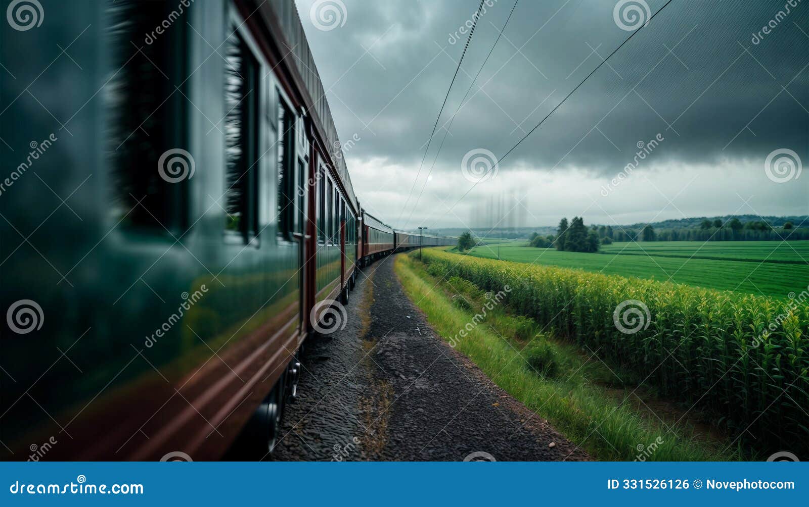 Train Moving in Cloudy Rainy Weather. Side View of the Wagons Stock ...