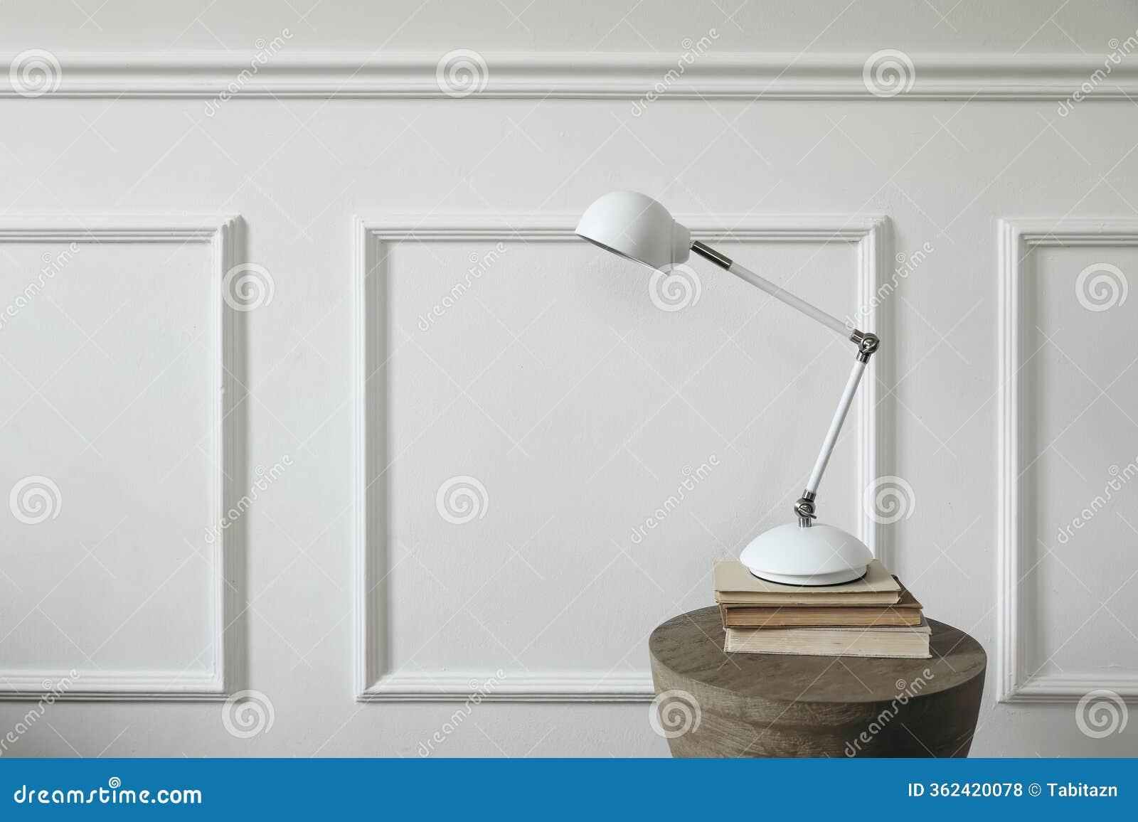 White Modern Table Lamp Standing on Old Books. Boho Wooden Curved ...