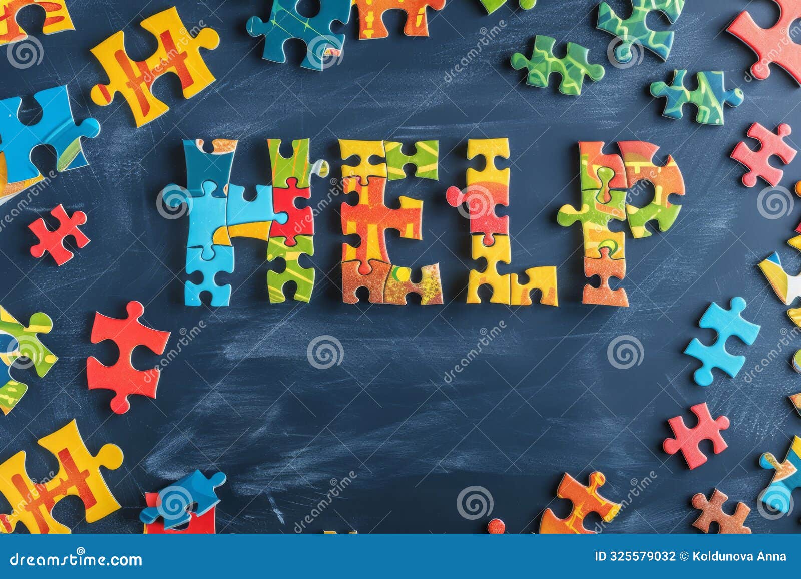A Word from Colorful Puzzle Pieces Spelling HELP . Created with ...