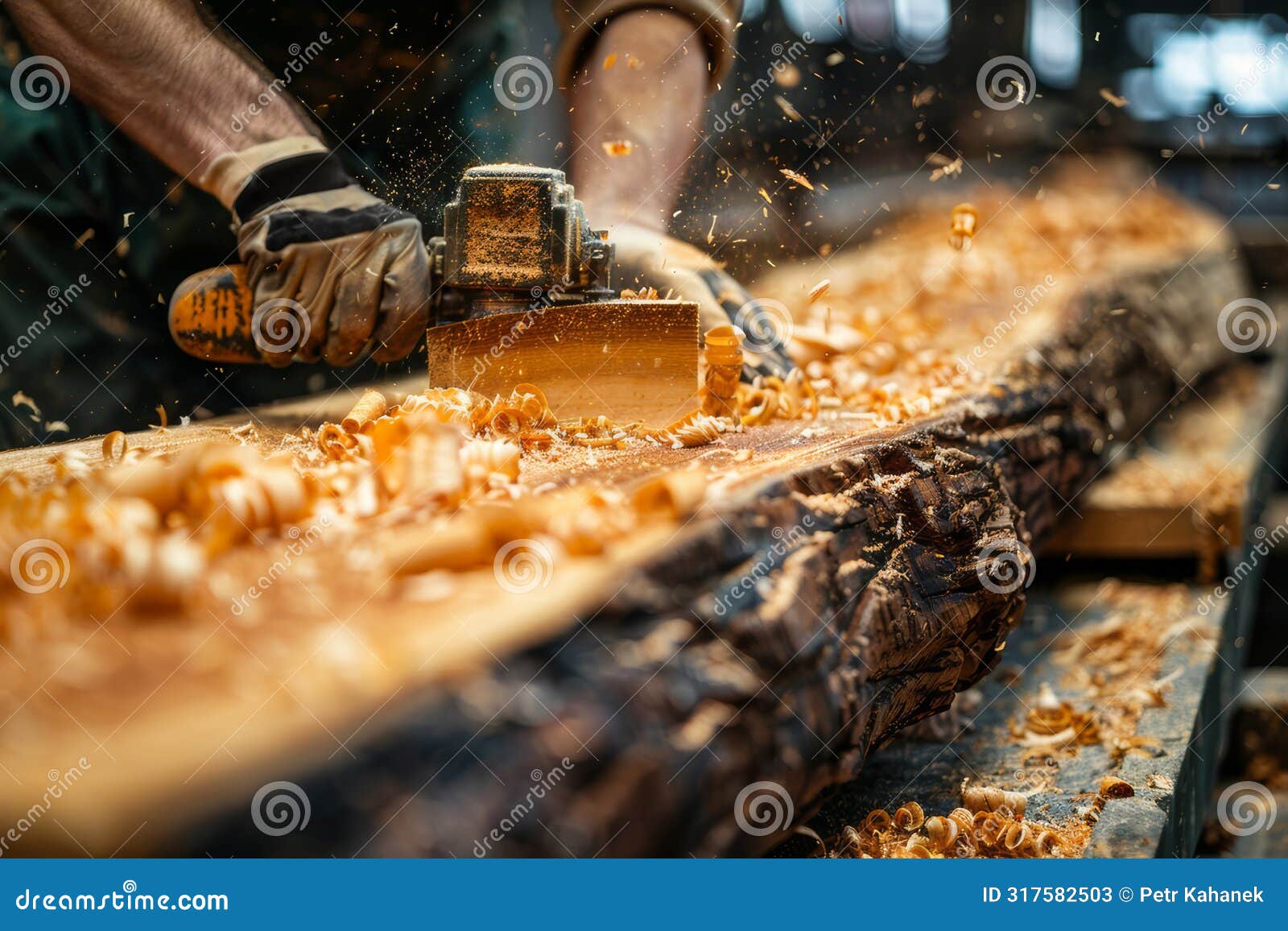 Worker Using a Planer on a Wood Plank at a Timber Mill, Focusing on ...