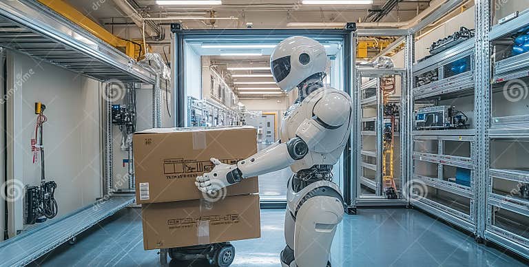 Advanced Humanoid Robot Handling Cargo in High-Tech Research Lab with ...