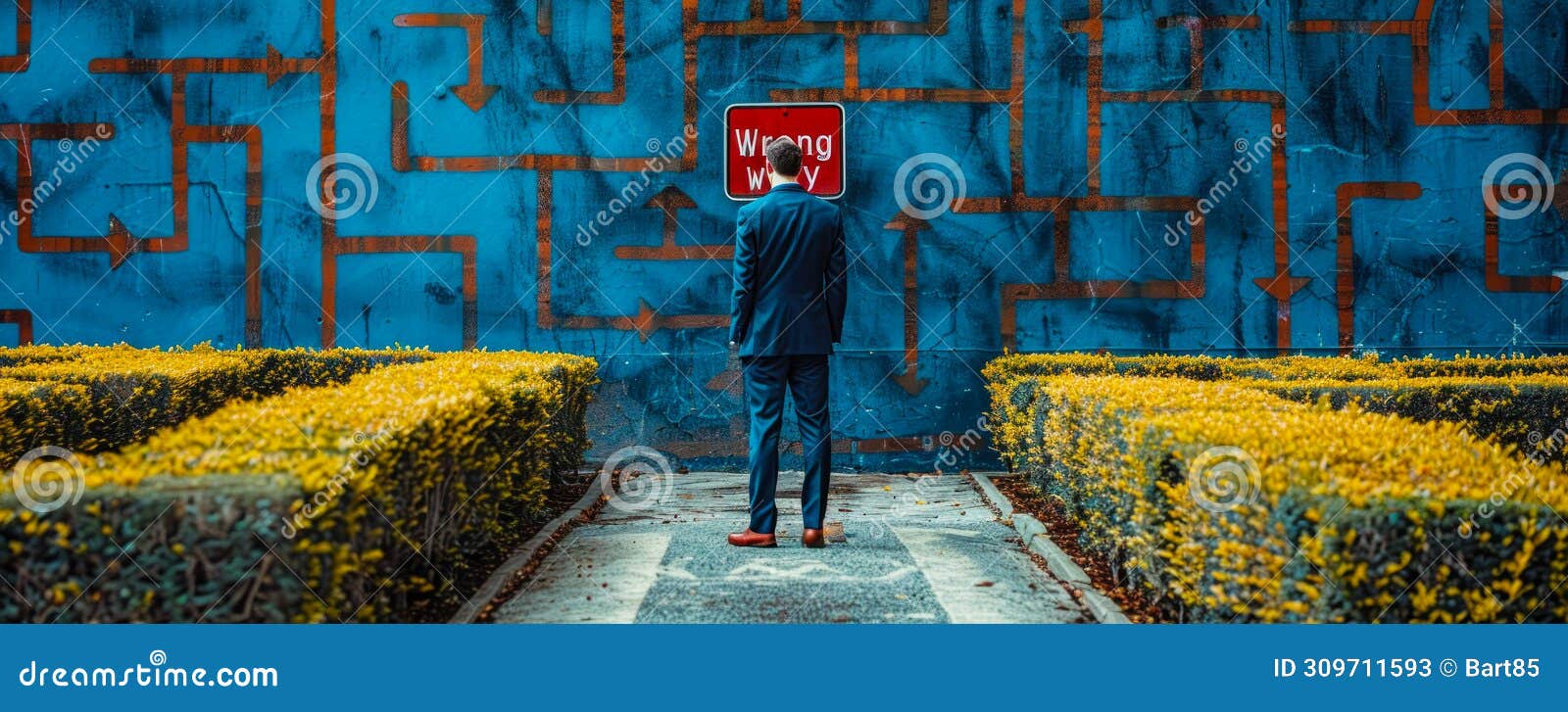 Businessman in a Suit Facing a Wrong Way Sign at the Entrance of a ...