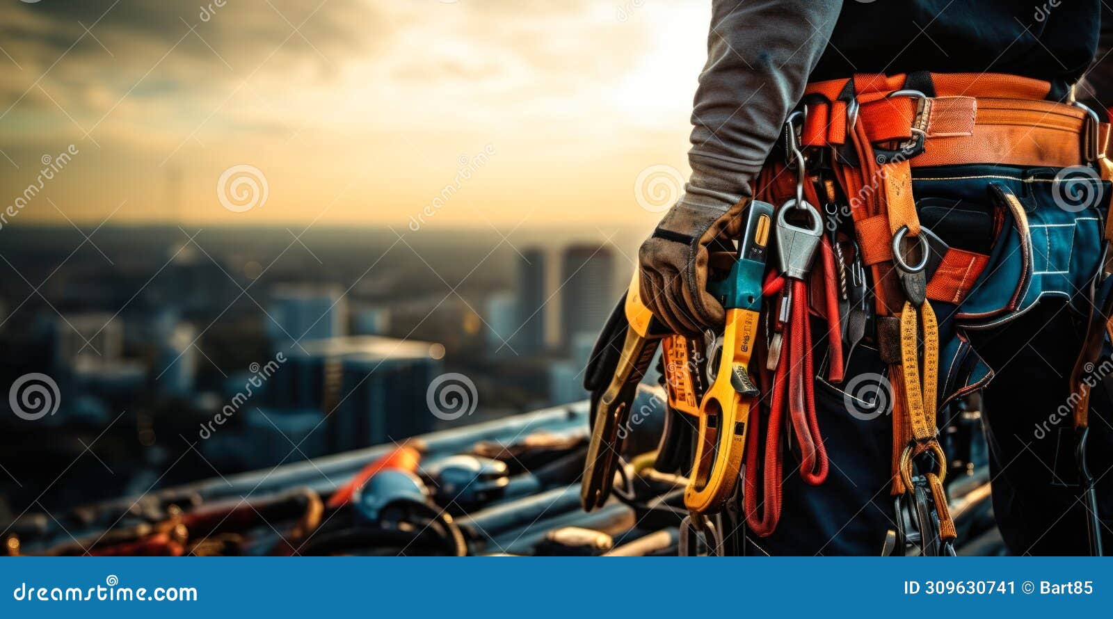 Close-up of Construction Workers Tool Belt with Various Tools on a High ...