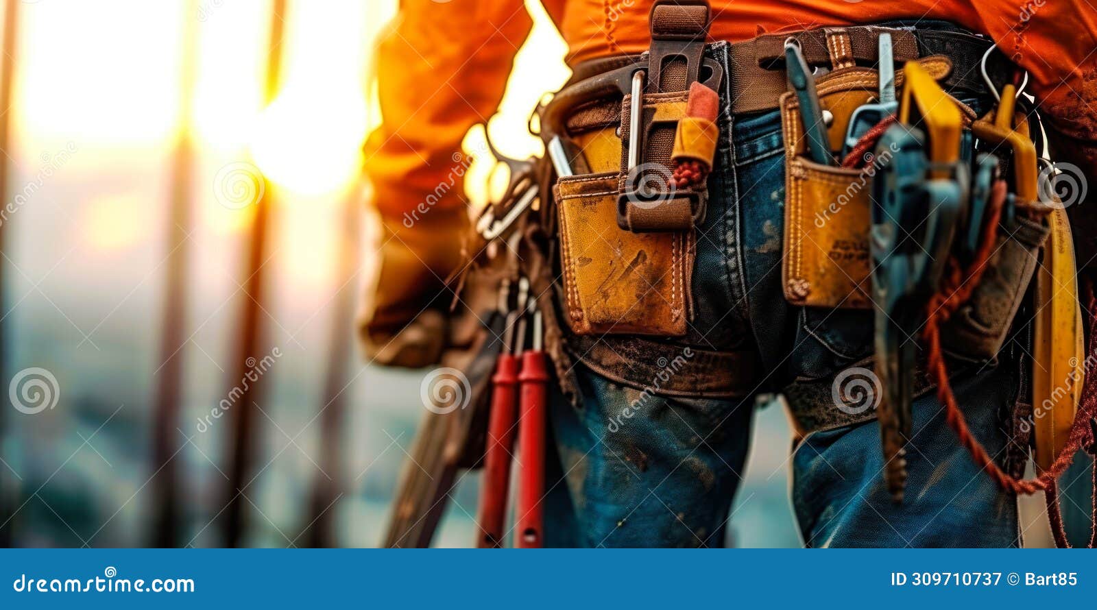 Close-up of Construction Workers Tool Belt with Various Tools on a High ...