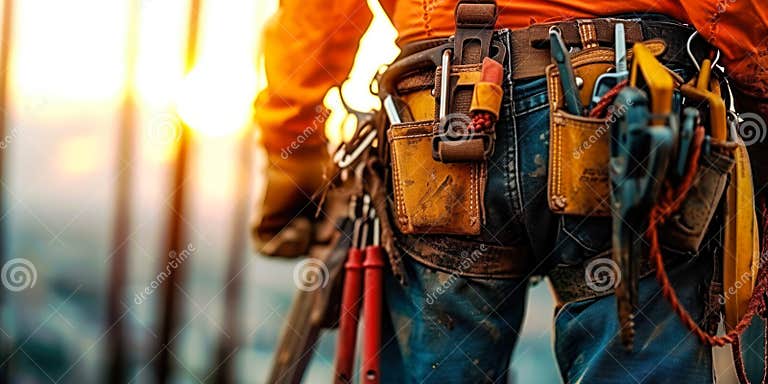 Close-up of Construction Workers Tool Belt with Various Tools on a High ...