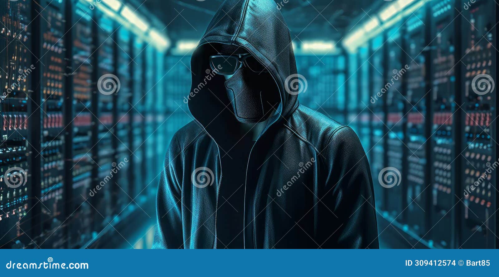 Dark Hacker with Hood and Mask Strikes Inside of Data Center ...