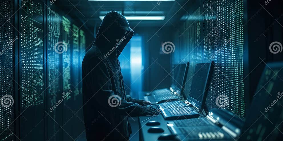 Data Breach: Anonymous Hacker in Hood and Mask Stealing Data from Inside Data Center. Generative ...