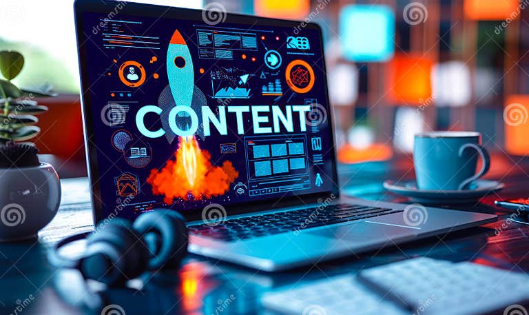 Digital Content Creation Concept with a Rocket Launch Graphic on a Laptop Screen, Indicating ...