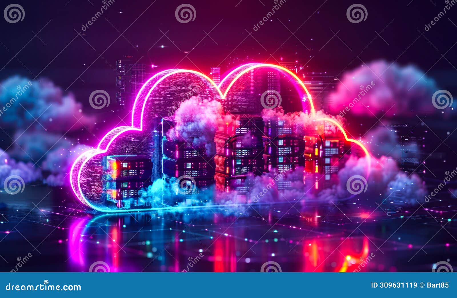 Futuristic Neon Cloud Computing Concept with Glowing, Cybernetic Server Racks within a Cloud ...