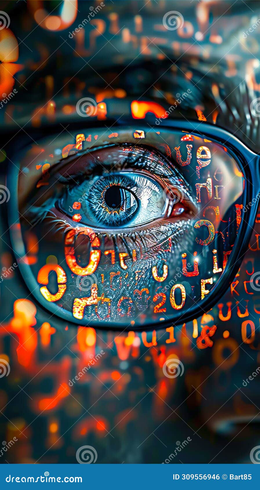 Human Eye Peering Through Glasses, Surrounded By An Array Of Floating ...