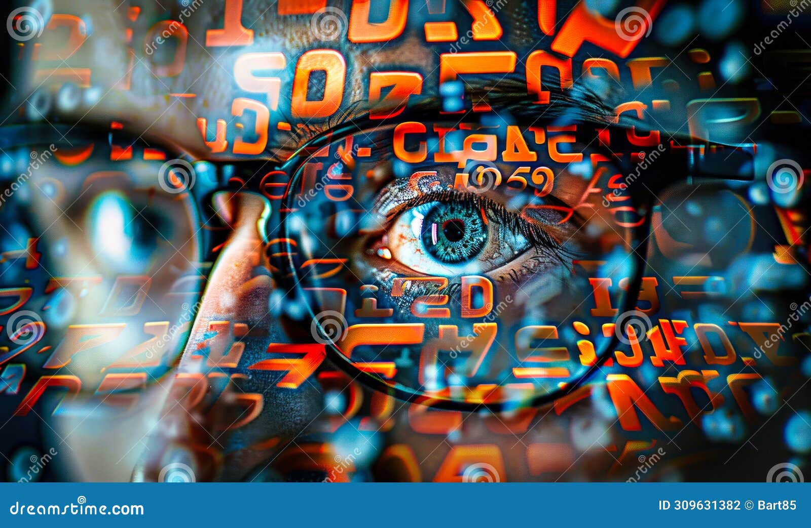 Human Eye Peering through Glasses, Surrounded by an Array of Floating ...