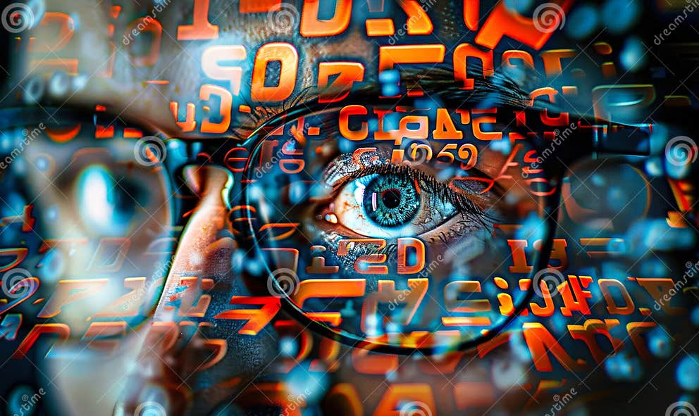 Human Eye Peering through Glasses, Surrounded by an Array of Floating ...