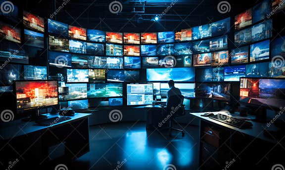 Media Broadcast Control Room with Multiple Screens Displaying Various ...