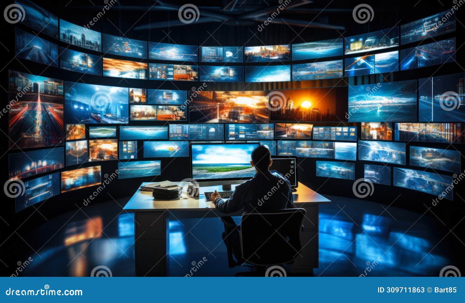 Media Broadcast Control Room with Multiple Screens Displaying Various ...