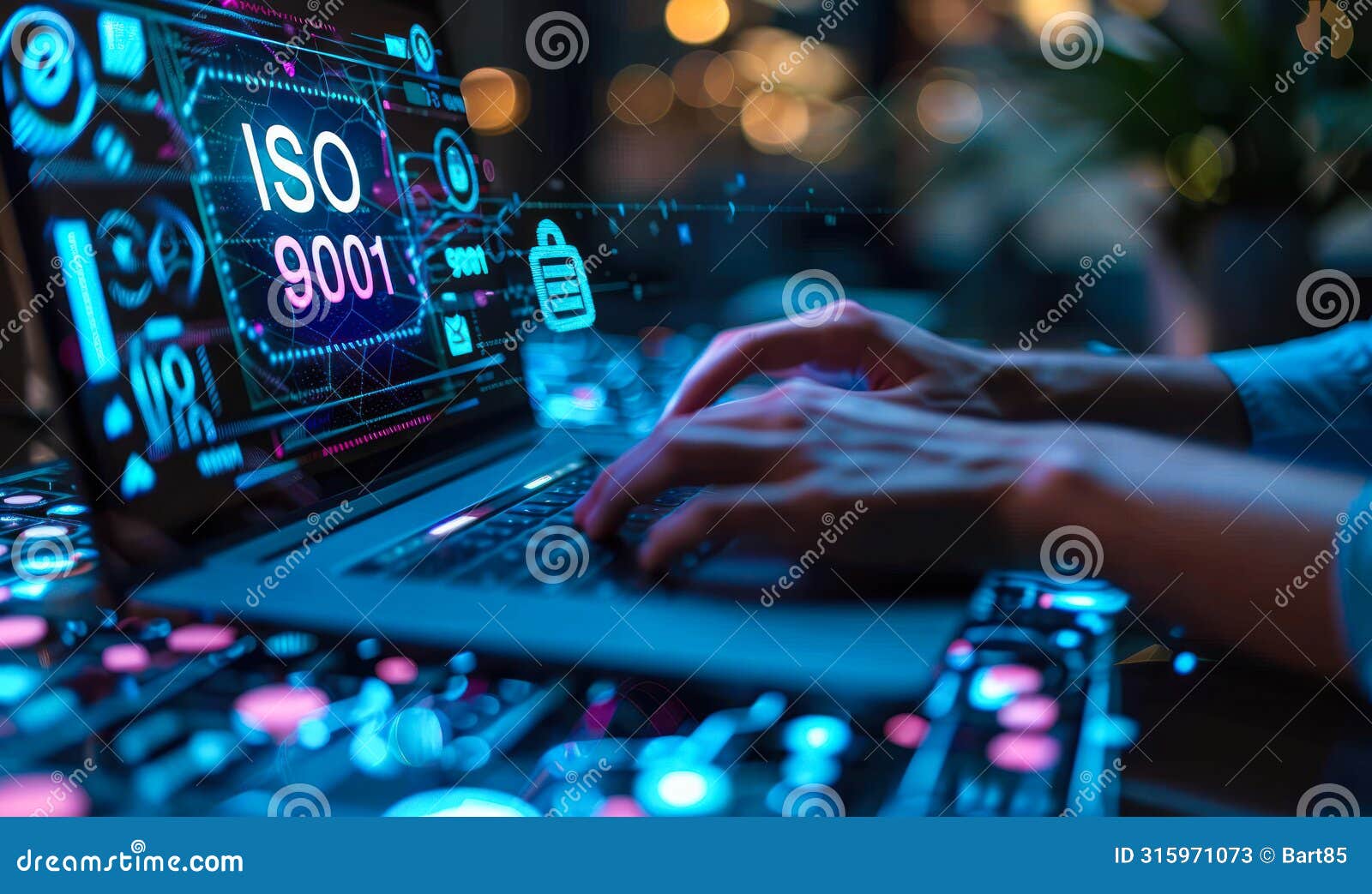 Person Using Laptop with Holographic Display Showing Icons Representing ...