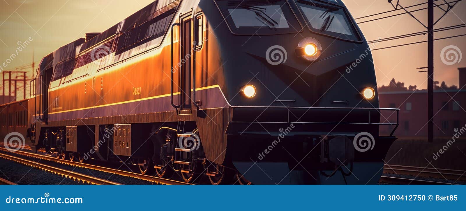 Power Efficient Locomotive at Front View in the Railway at Sunset Light ...