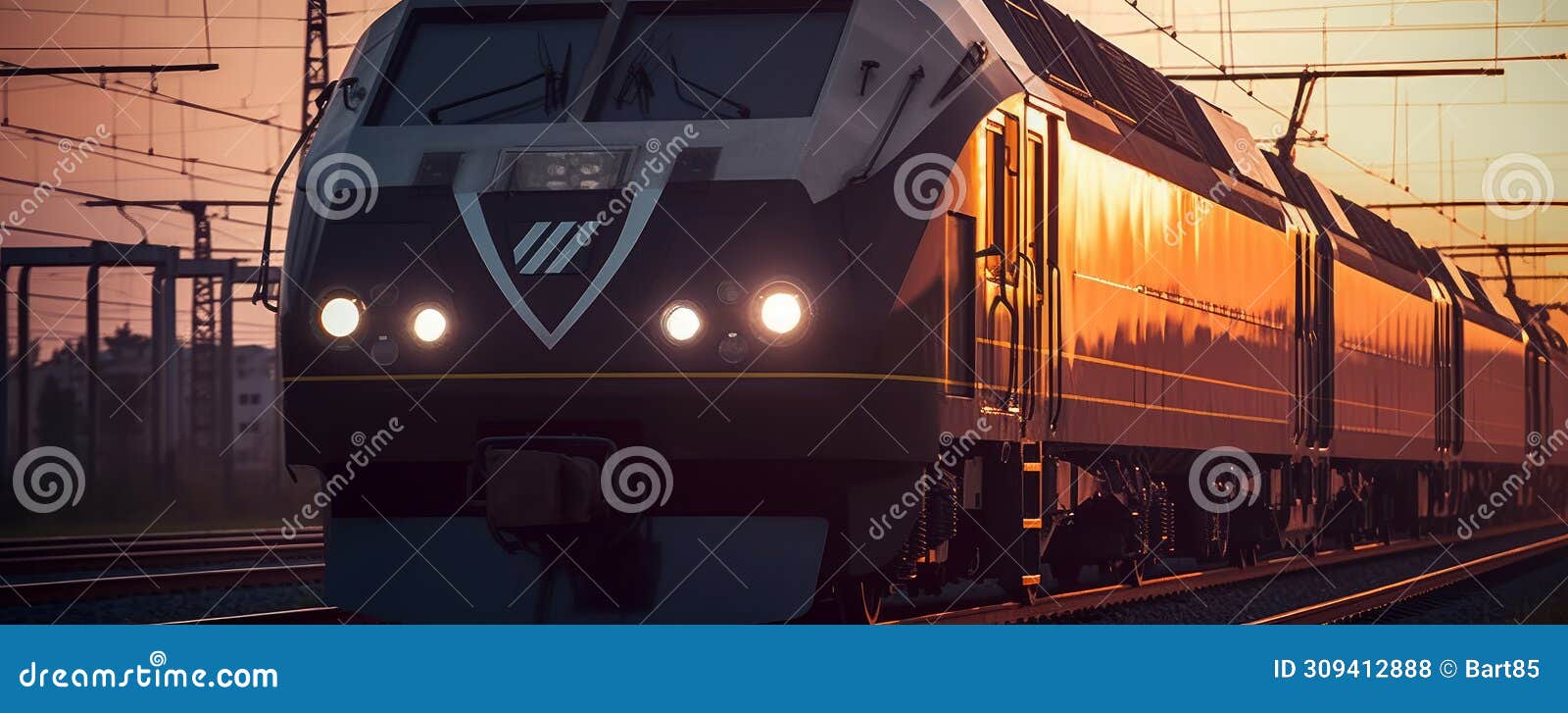 Power Efficient Locomotive at Front View in the Railway at Sunset Light ...