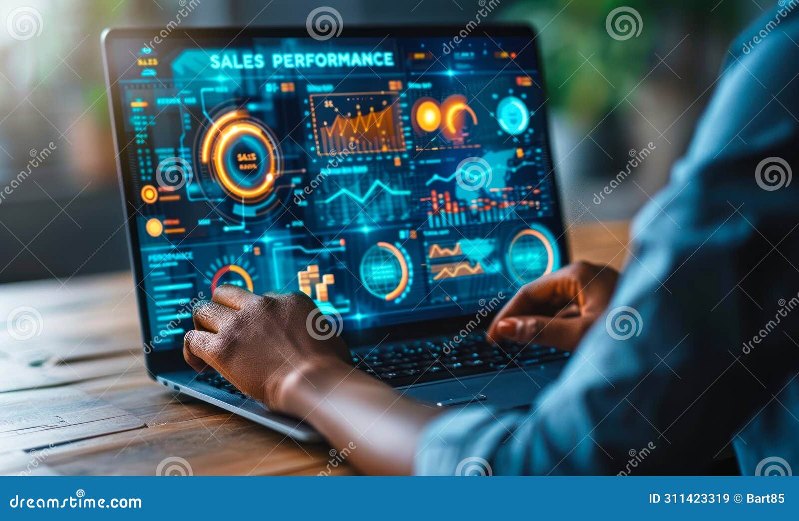 Professional Analyzing Sales Performance Metrics Using A Digital Interface With Graphs And Data