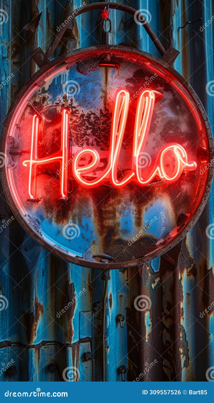 Warm Neon Hello Sign Glowing in Cursive Red Light Against a Rustic ...