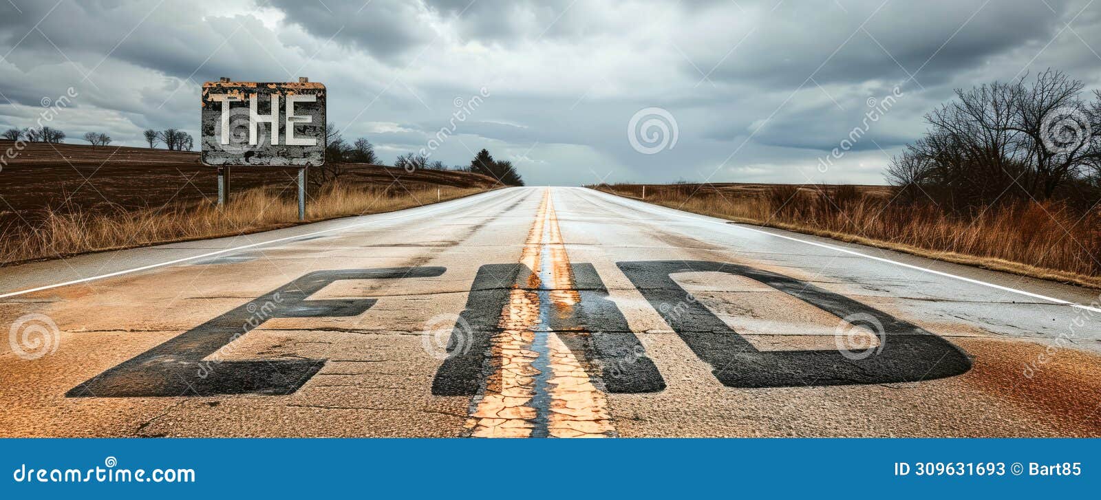 The Words the END Dramatically Emblazoned Across a Desolate Highway ...