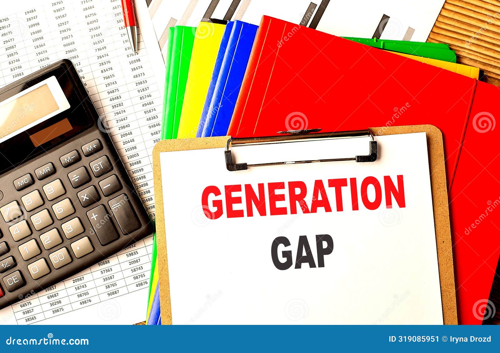 GENERATION GAP Text on Clipboard with Calculator and Color Folder Stock ...