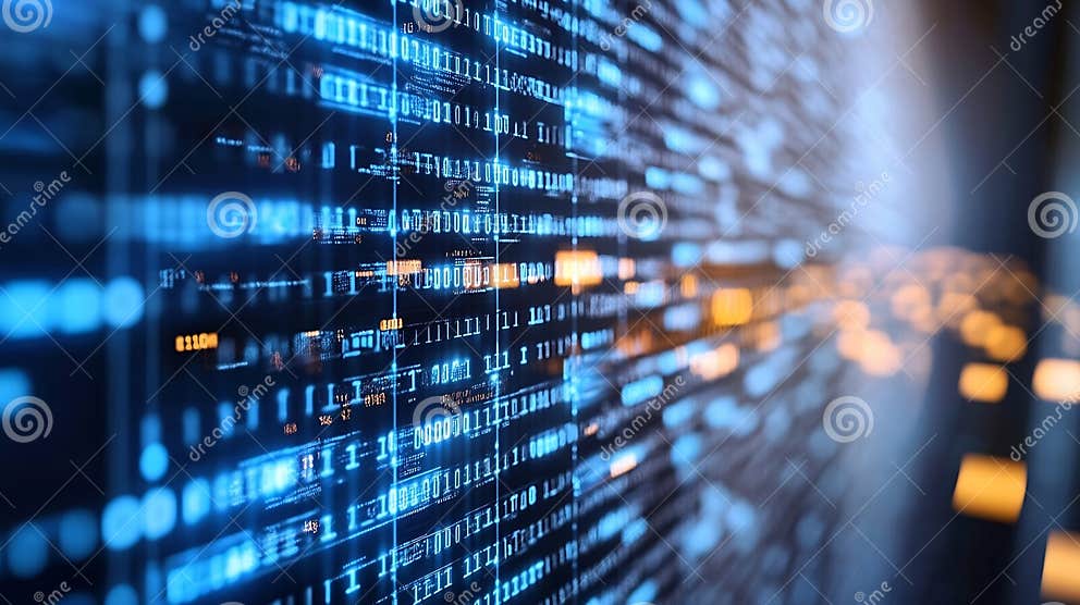 Generative AI Abstract Digital Background with Glowing Data Streams and Complex Binary Coding ...