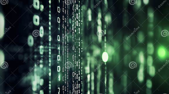 Generative AI Abstract Digital Binary Code Background with Glowing Green Elements for Technology ...