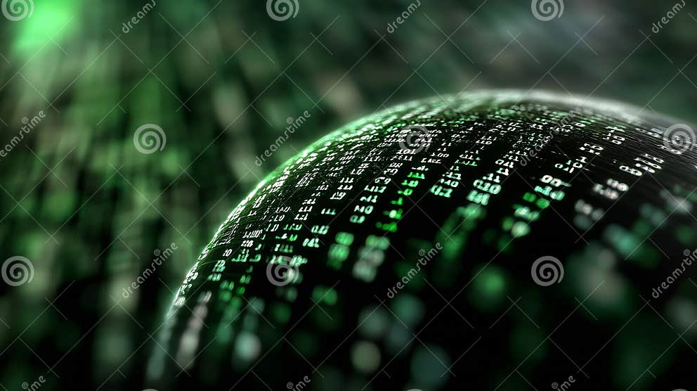 Generative AI Abstract Digital Representation of a Green Matrix with Dynamic Binary Code Flowing ...