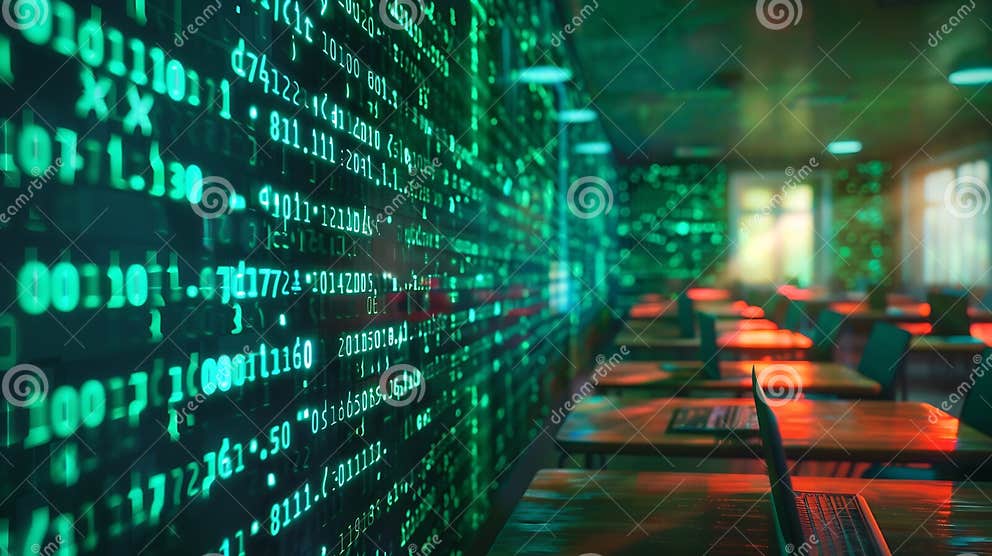 Generative AI Abstract Virtual Binary Code Sketch on Empty Classroom Background Hacking and ...