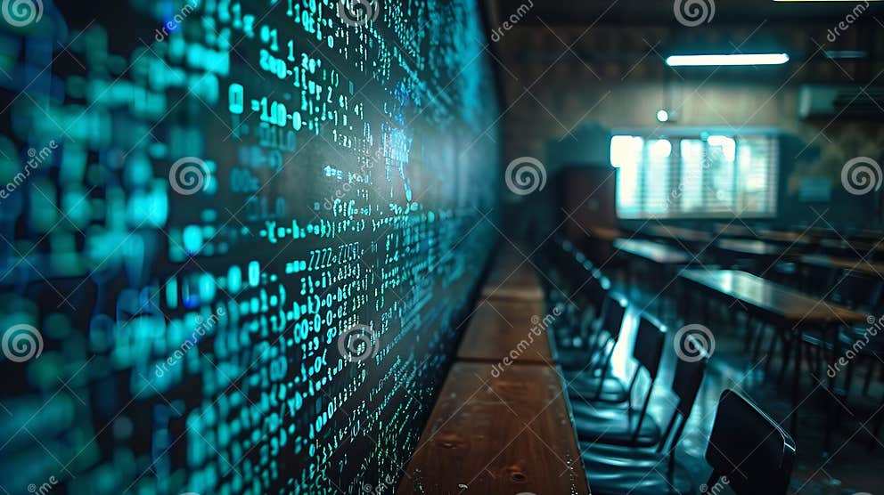 Generative AI Abstract Virtual Binary Code Sketch on Empty Classroom Background Hacking and ...