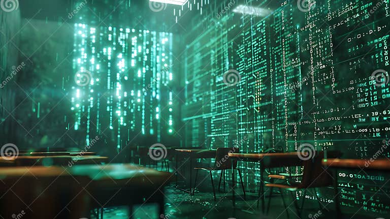 Generative AI Abstract Virtual Binary Code Sketch on Empty Classroom Background Hacking and ...