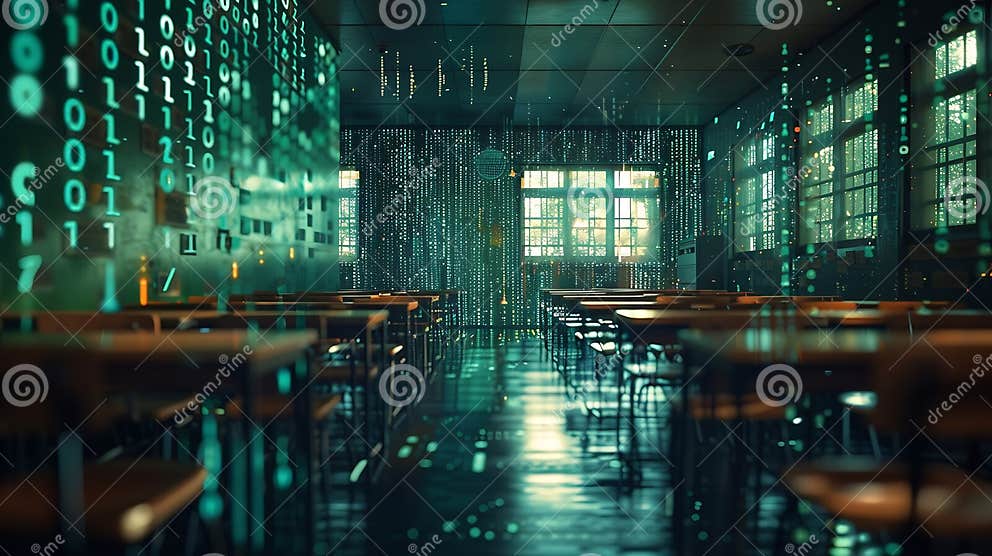 Generative AI Abstract Virtual Binary Code Sketch on Empty Classroom Background Hacking and ...