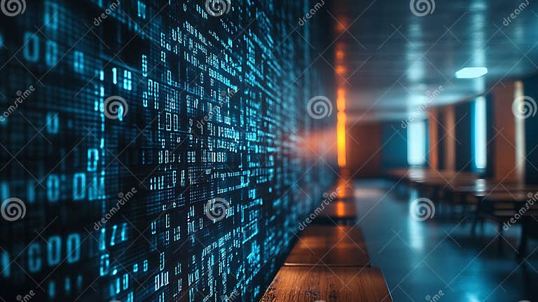 Generative AI Abstract Virtual Binary Code Sketch on Empty Classroom Background Hacking and ...