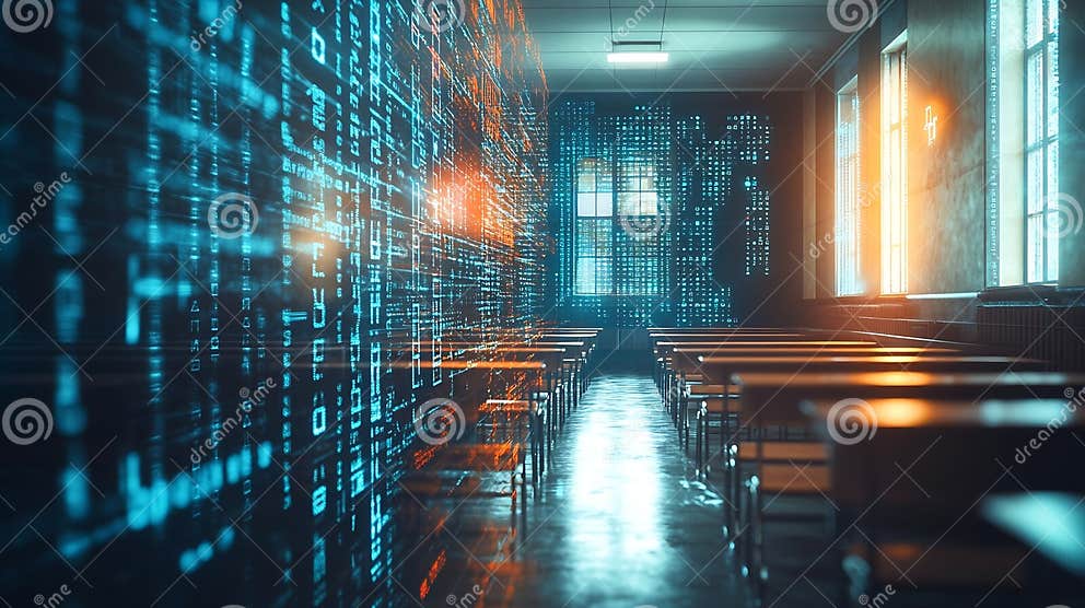 Generative AI Abstract Virtual Binary Code Sketch on Empty Classroom Background Hacking and ...