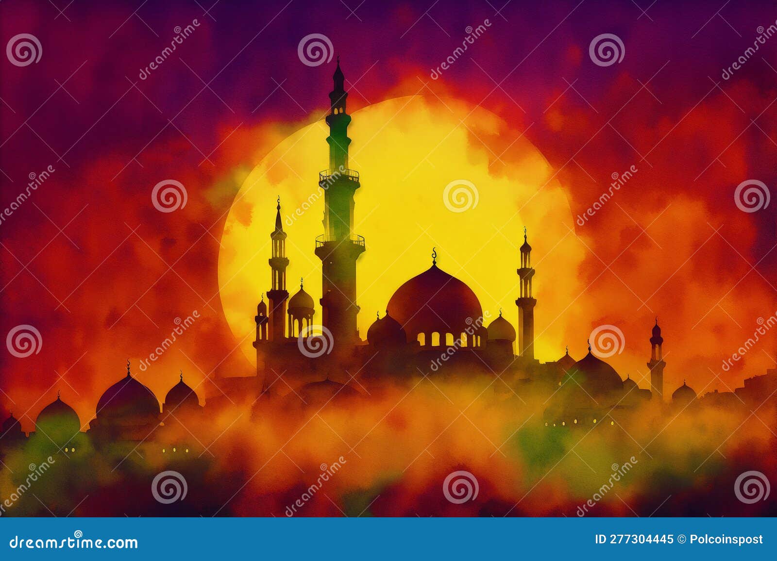 Stylized Eid Al Adha Design With White Ram, Crescent Moon, Mosques, And ...
