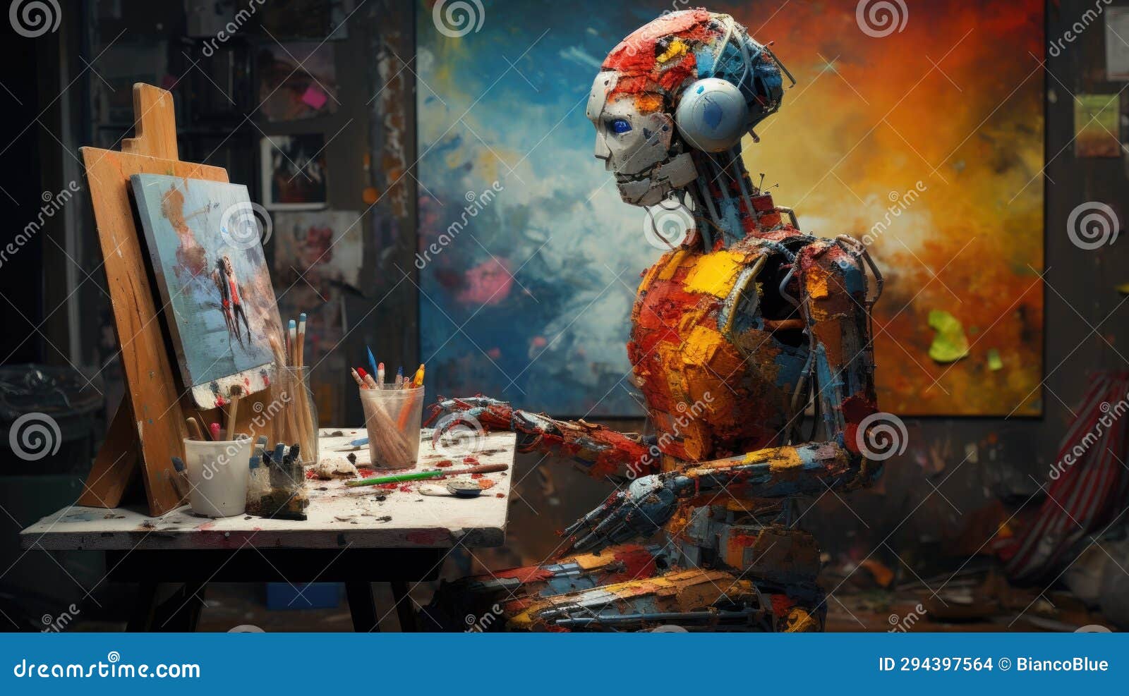 Generative AI Art Technology Concept, Robot Painting Picture in Studio ...