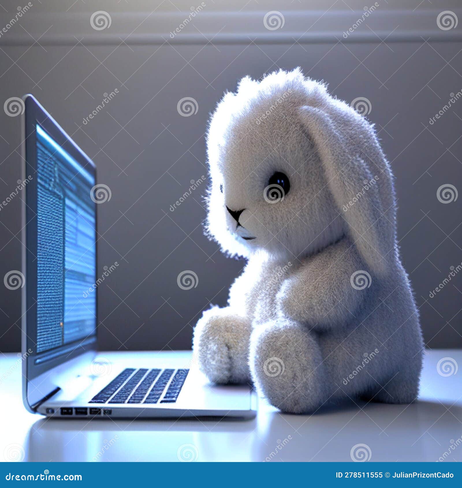 Cute, Fluffy White Bunny Using a Modern Laptop Computer, Created with ...
