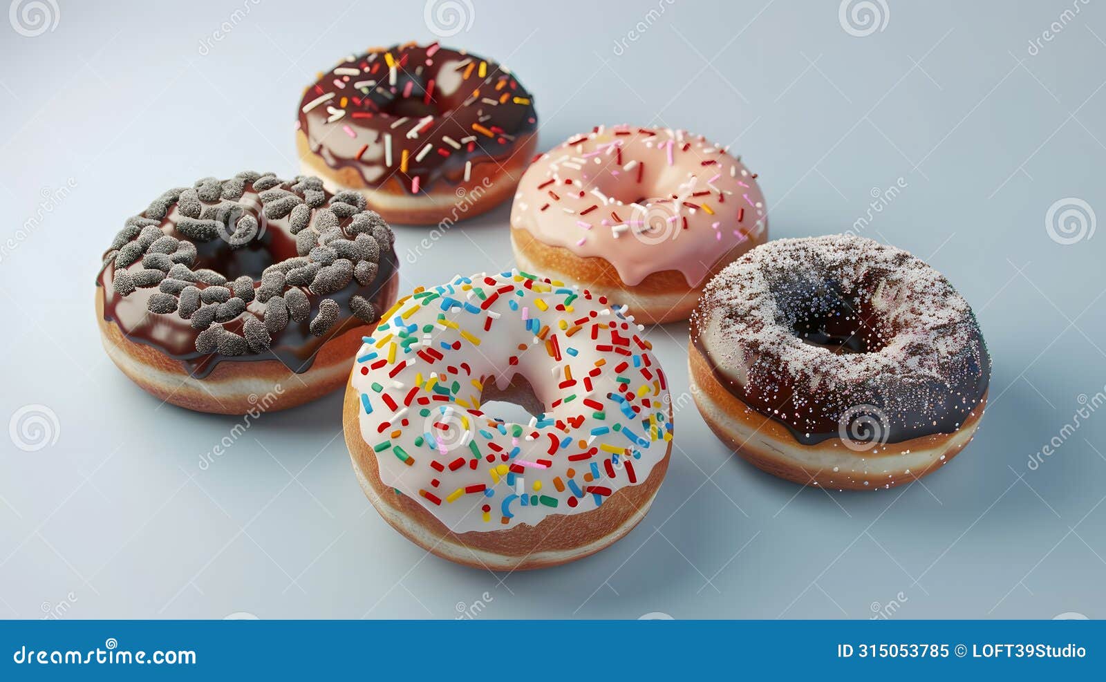 Generative AI Assorted Donuts on Light Blue Background with Copy Space ...