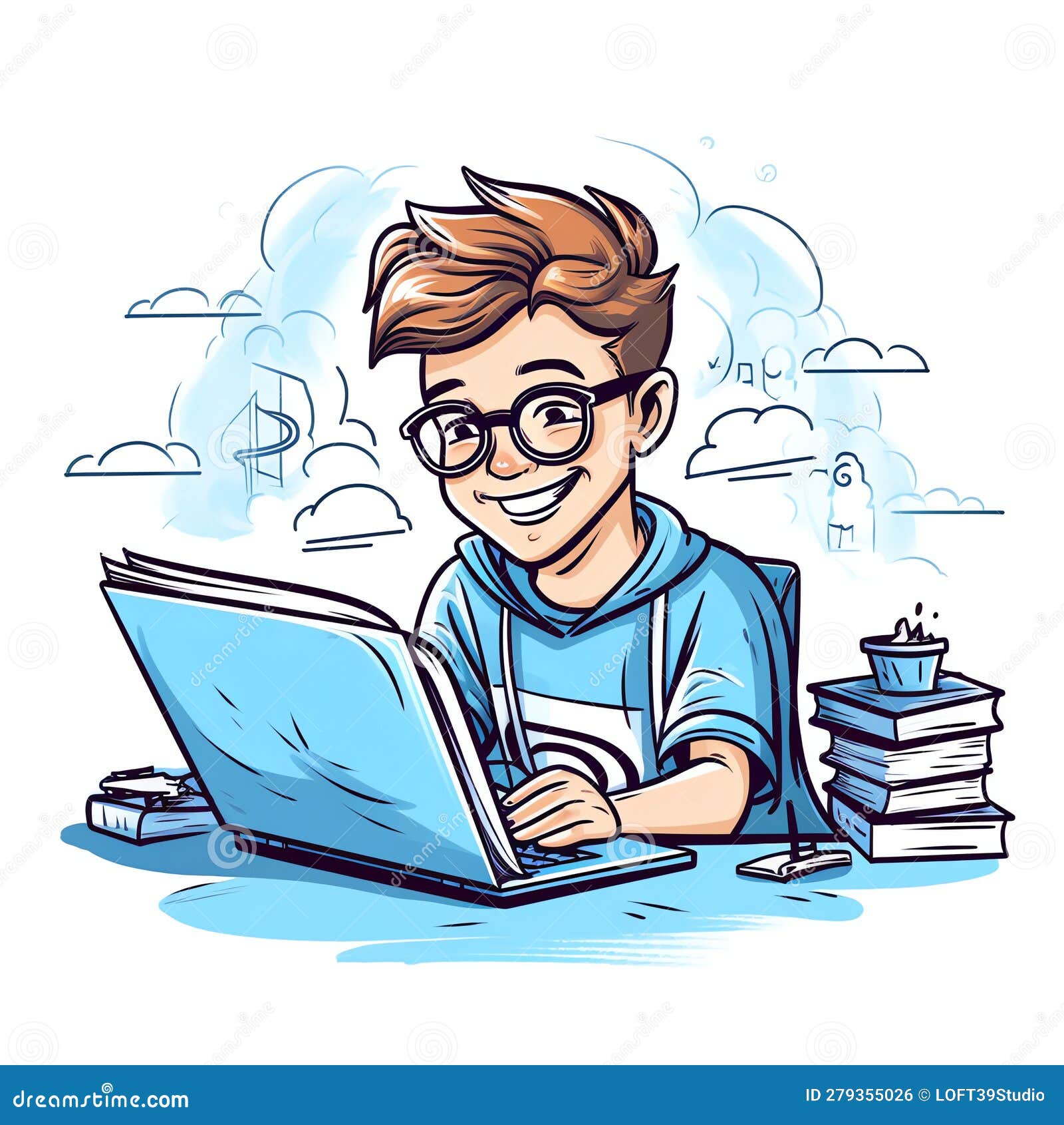 Generative AI Boy Studying with Computer- Stock Illustration ...