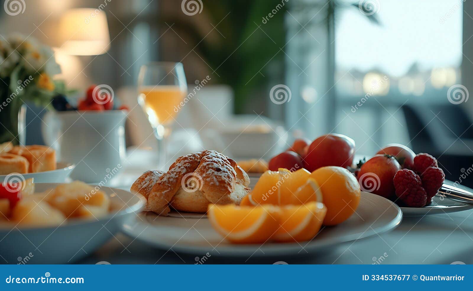 Generative AI Breakfast in Hotel Lighted Table with Various Dishes ...