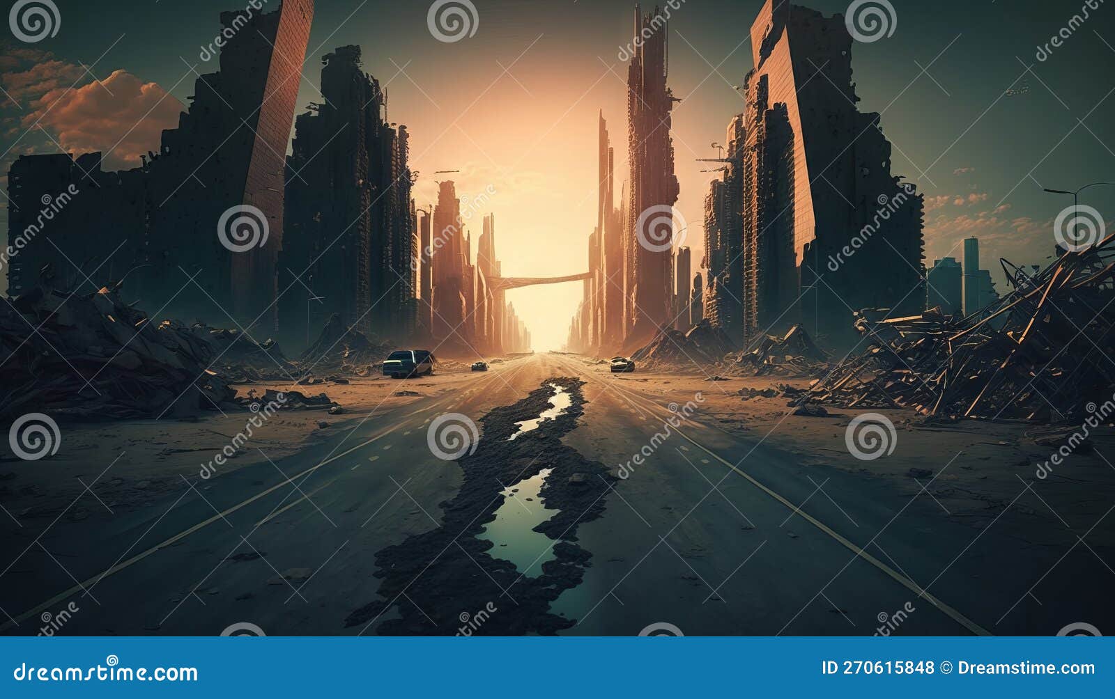 Generative AI of a Broken Road in the Middle of the City Stock ...