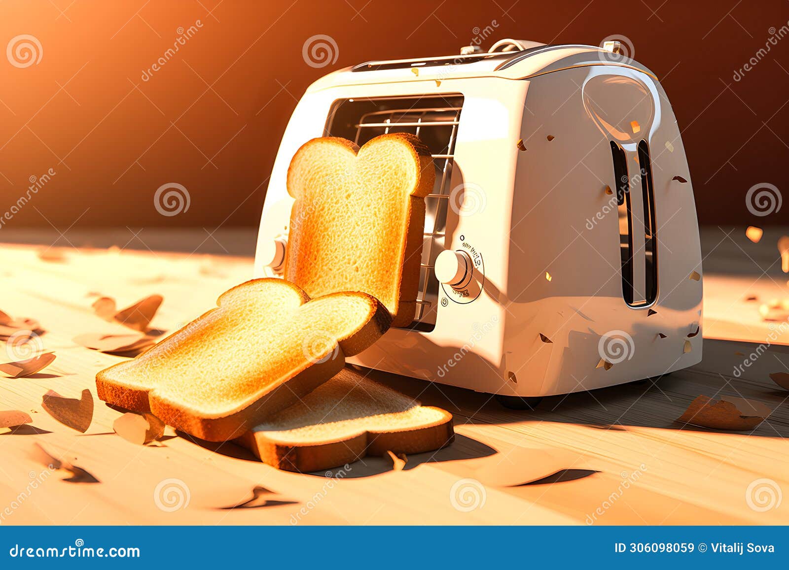 Broken Toaster With Steam, Fire And Burnt Bread Isolated On White ...
