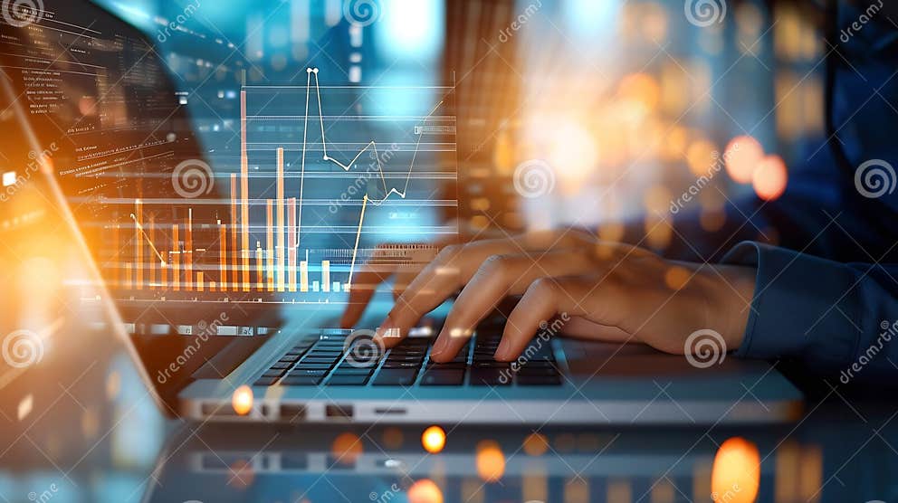 Generative AI Business Finance Data Analytics Graph Chart Report, Man Using Laptop Computer Hand ...