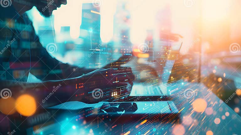 Generative AI Business and Technology, Software Development, IoT Concept. Double Exposure, Man ...